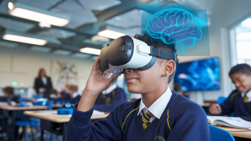 School Student with VR Headset Using AI Artificial Intelligence ...