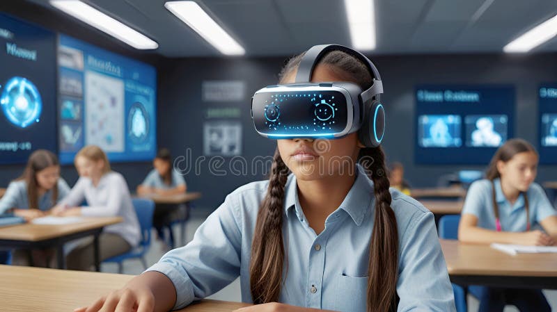 School Student with VR Headset Using AI Interactive Technology in ...
