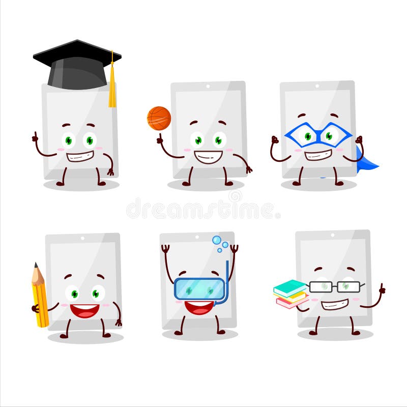White Tablet Cartoon Character with Various Types of Business Emoticons ...