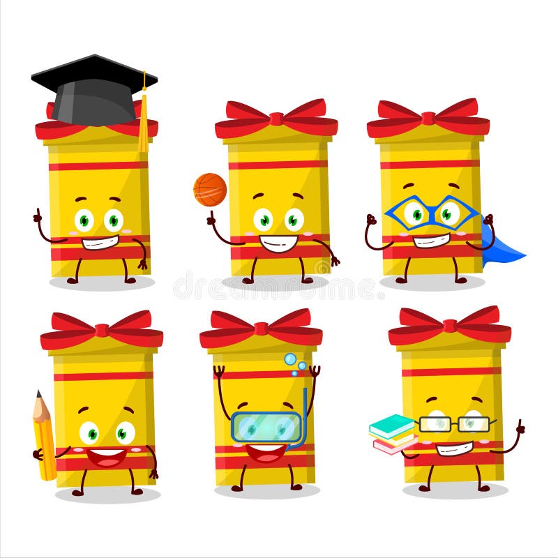 School Student of Yellow Long Gift Box Cartoon Character with Various ...