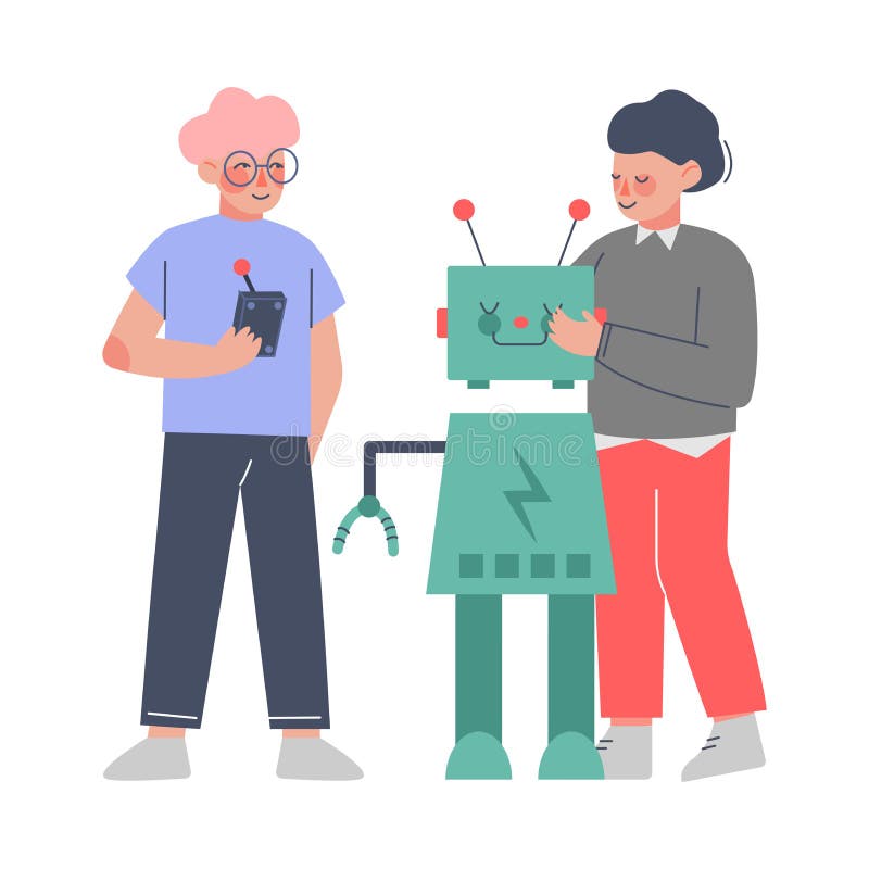 Schoolboy Assembling and Programming Toy Robot, Boy Engineer Character ...