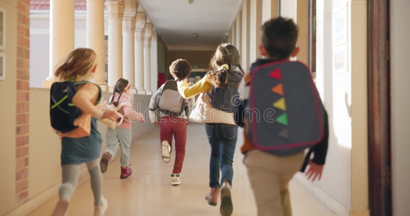 School, Students Running and Children in Hallway with Backpack, Excited ...