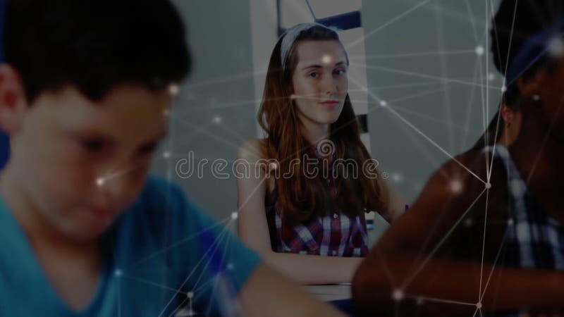 In School, Students Studying with Network Connections Animation Overlay ...