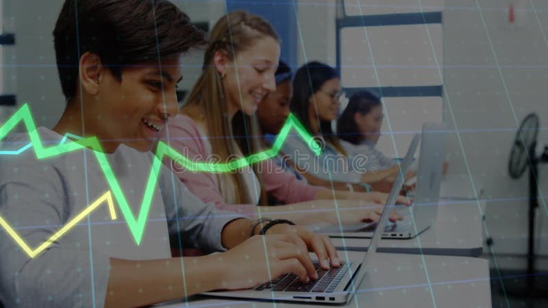 In School, Students Using Laptops with Financial Graph Animation ...