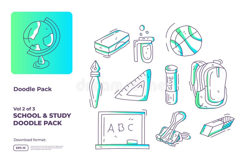 School and Study Doodle Icon Illustration Set with Gradient Color Line ...