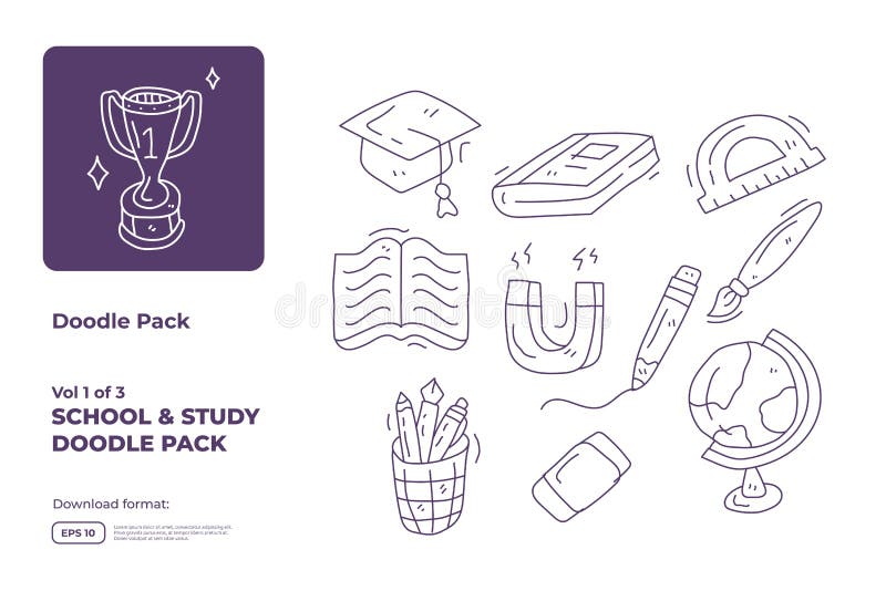 School and Study Doodle Icon Illustration Set with Thin Outline Style ...