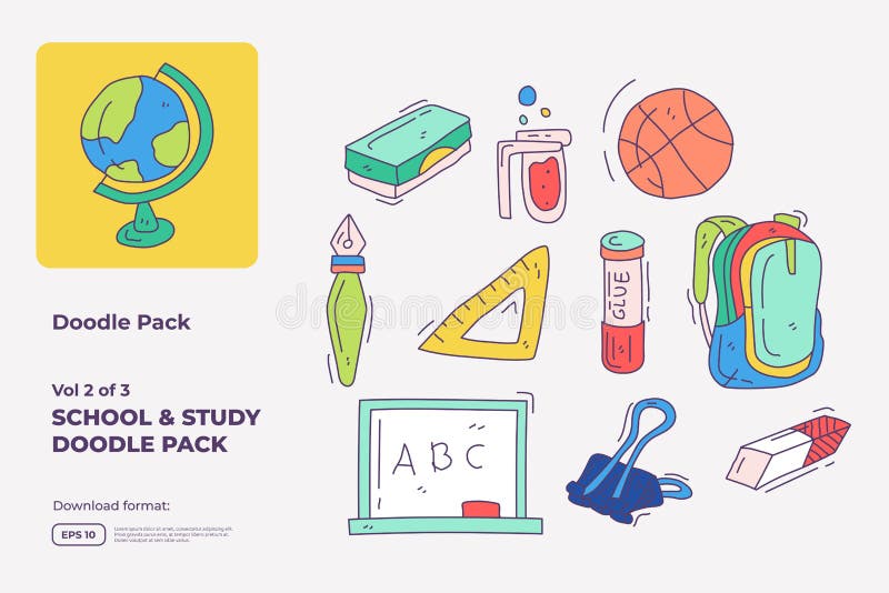School and Study Doodle Icon Set with Fill Color Style. Hand Drawn ...