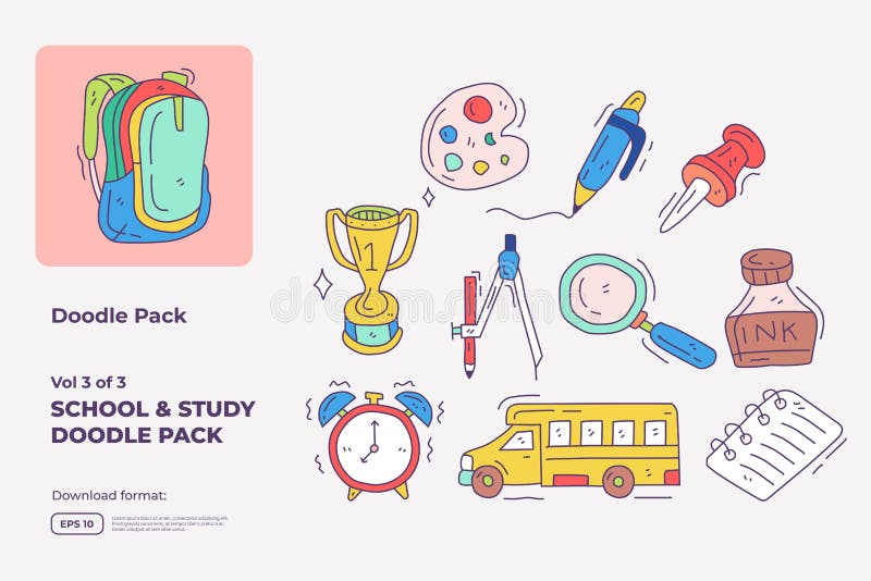 School and Study Doodle Icon Set with Fill Color Style. Hand Drawn ...