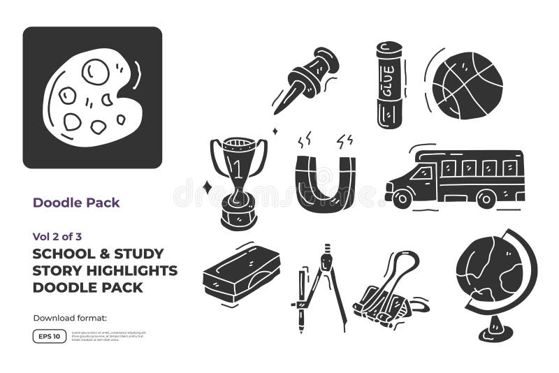 School and Study Doodle Icon Set with Silhouette Glyph Solid Style ...