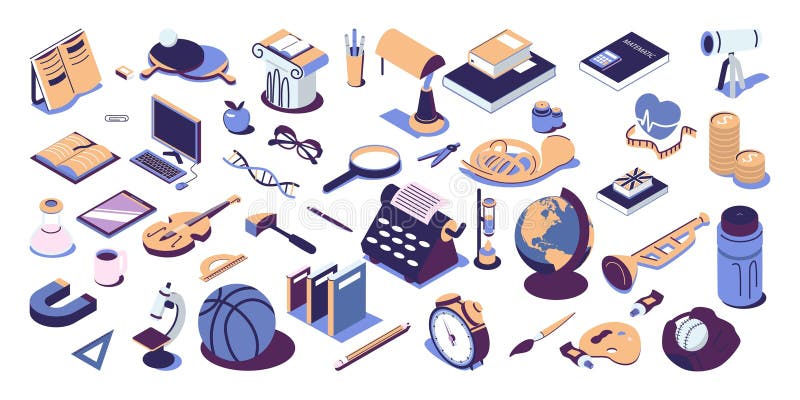 School Stuff, Supplies Bundle Flat Style Isometric Illustration Vector ...