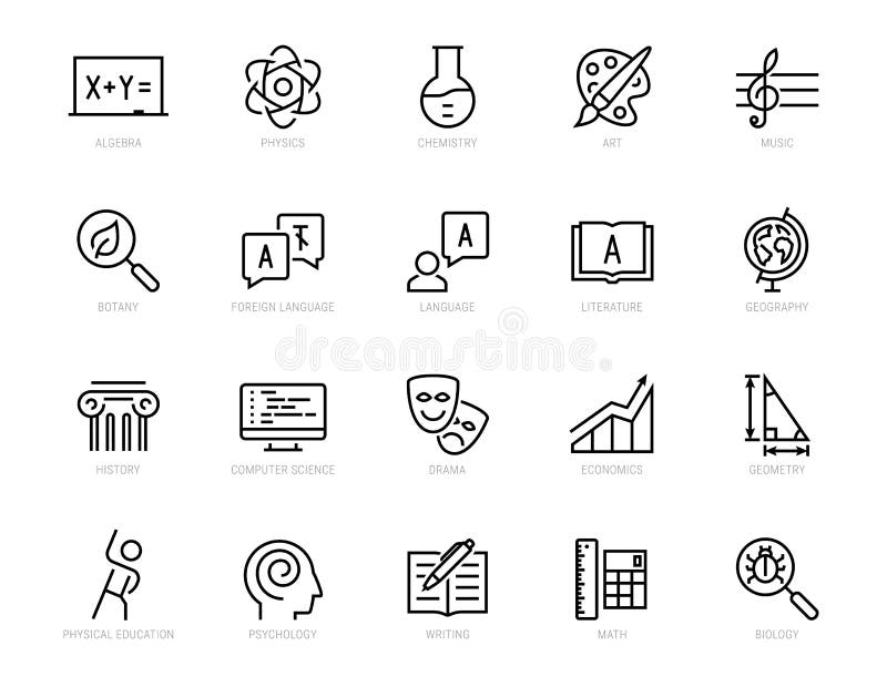 School Subjects Icons in Thin Line Style Stock Vector - Illustration of ...