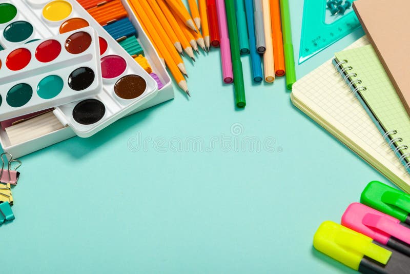 School Supplies at Abstract Colorful Background Texture Stock Photo ...