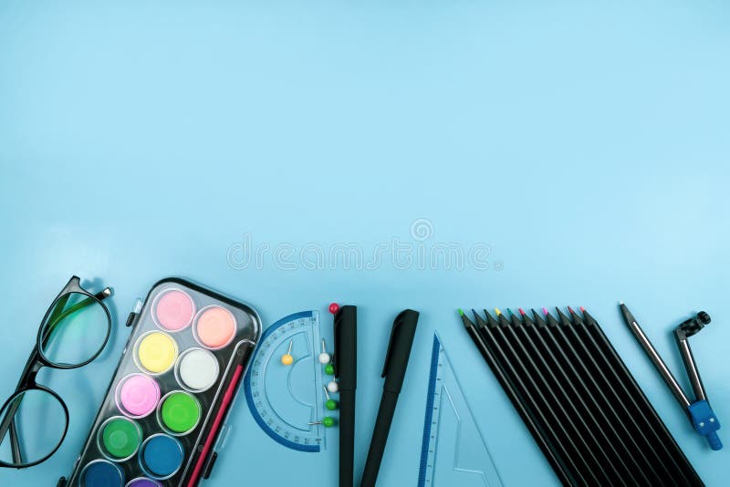 School Supplies on Blue Background Stock Image - Image of blue ...