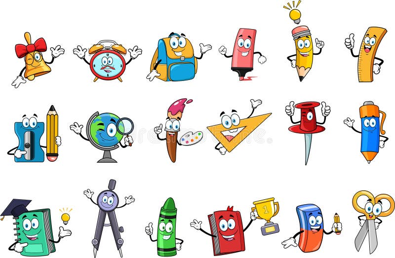 School Supplies Cartoon Characters. Vector Hand Drawn Collection Set ...