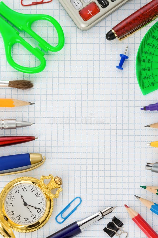 School Supplies on Checked Paper Stock Photo - Image of ruler, closeup ...