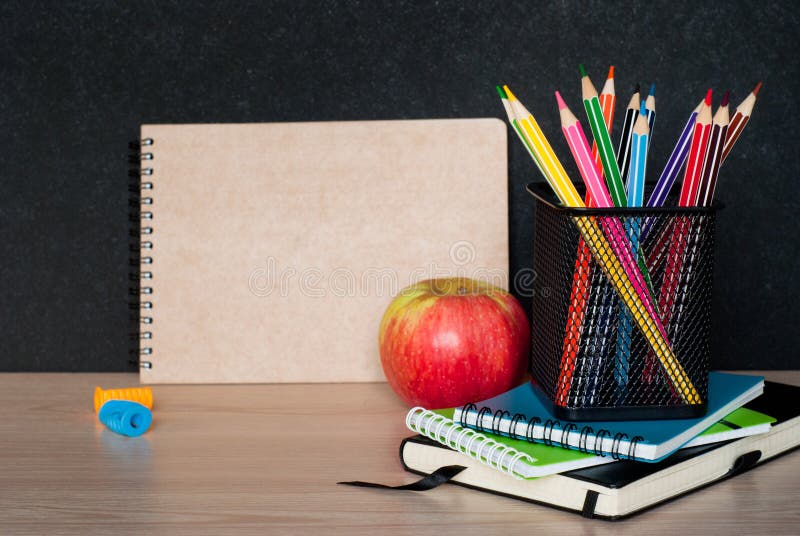 School Supplies on Classroom Table Stock Image - Image of copy ...