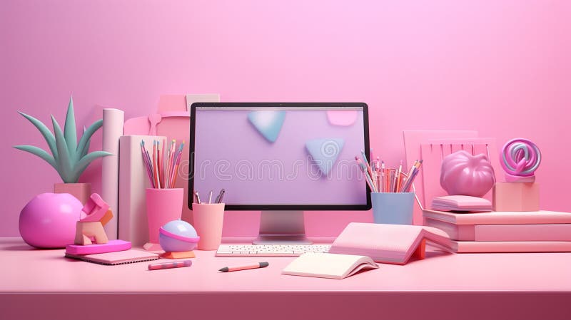 School Supplies and Computer on Desk in Pink Stock Illustration ...