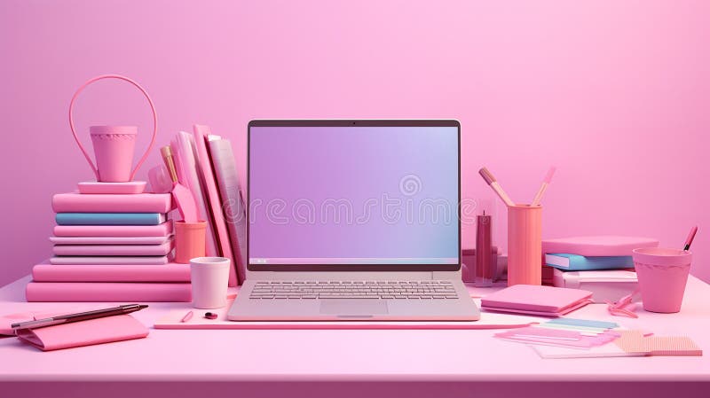 School Supplies and Computer on Desk in Pink Stock Illustration ...