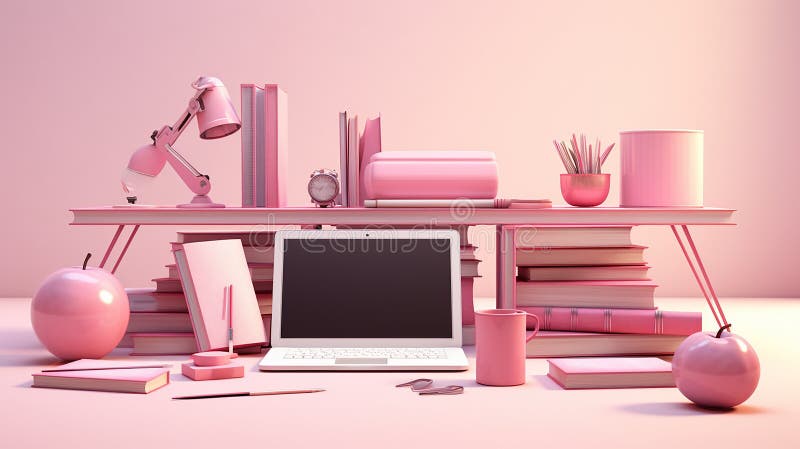 School Supplies and Computer on Desk in Pink Stock Illustration ...