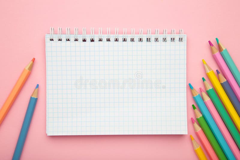 School Supplies Concept. Open Notebook with Colorful Pencil Stock Image ...