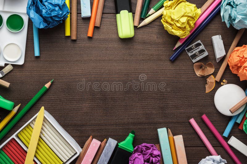 School Supplies with Copy Space on Table Stock Image - Image of ...