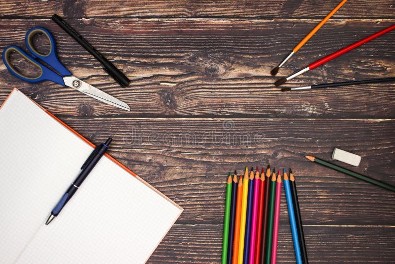 School supplies on desk stock photo. Image of monitor - 143593108