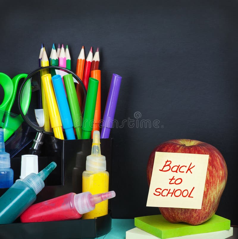 School Supplies on the Desk Stock Image - Image of blackboard, page ...