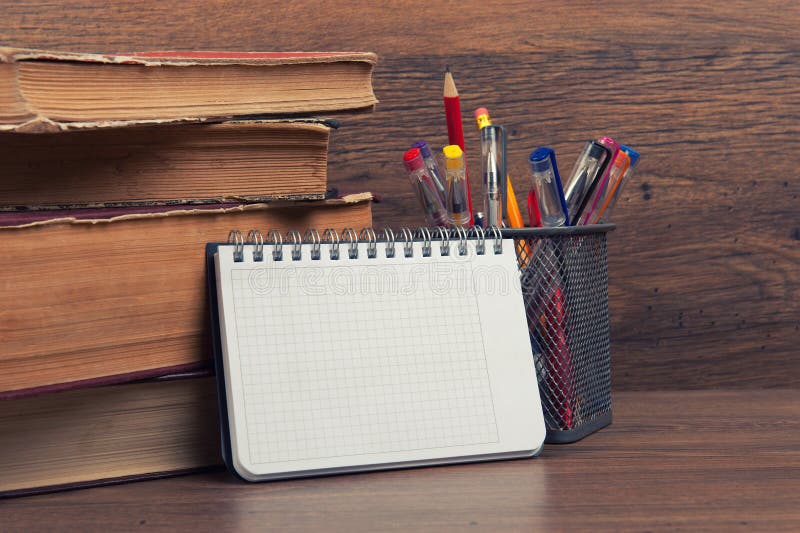 School supplies on a desk stock photo. Image of book - 45198342