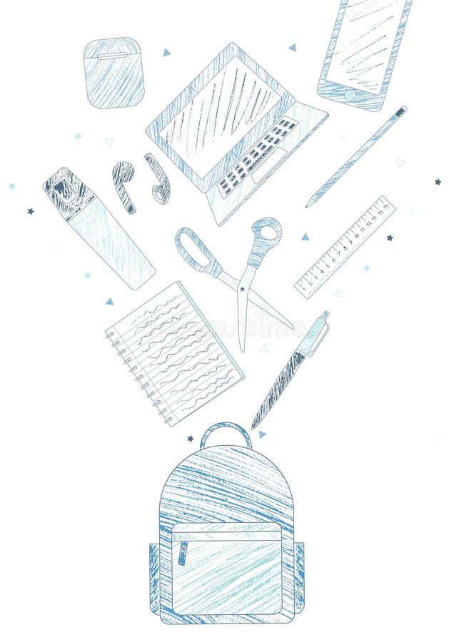 School Supplies and E-learning Items Sketch Style Blue Coloring Pencils ...