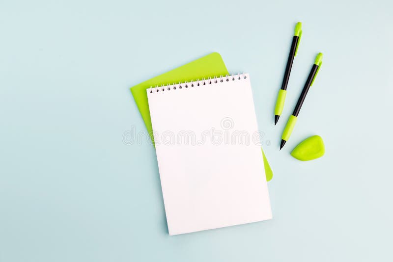 School Supplies. Empty Notebook, Pens, Ruler, Alarm Clock, Paper Clips ...