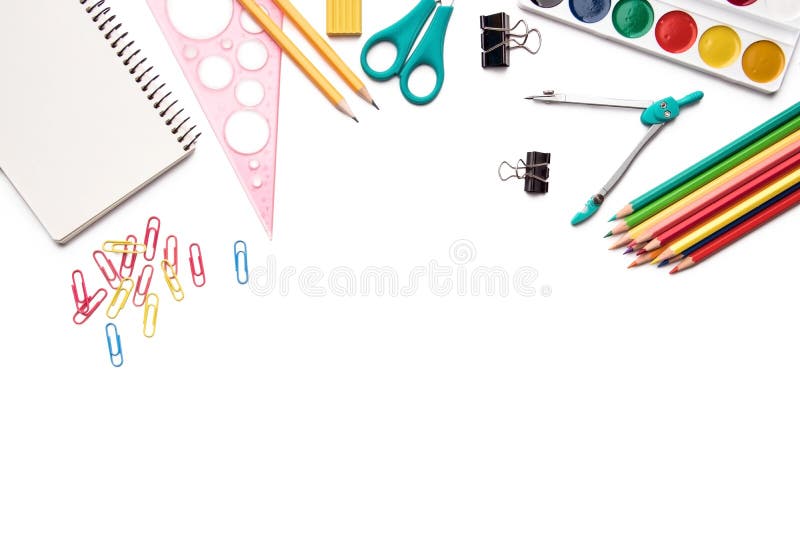 School Supplies Frame, Isolated on White Stock Photo - Image of ...