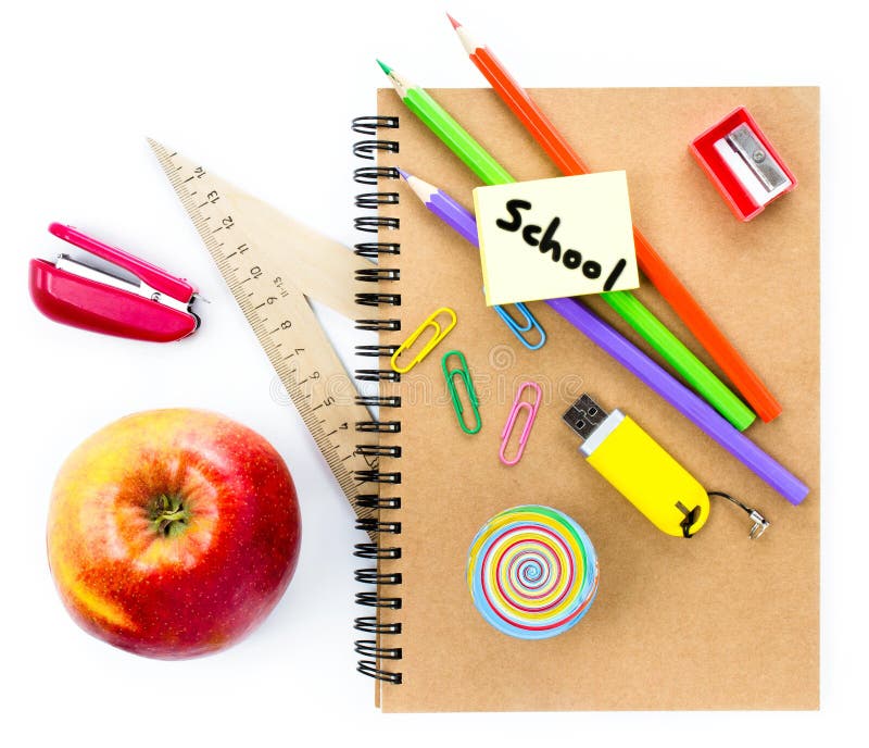 School Supplies with Globe, Apple, Pencils and Notebook on Whit Stock ...