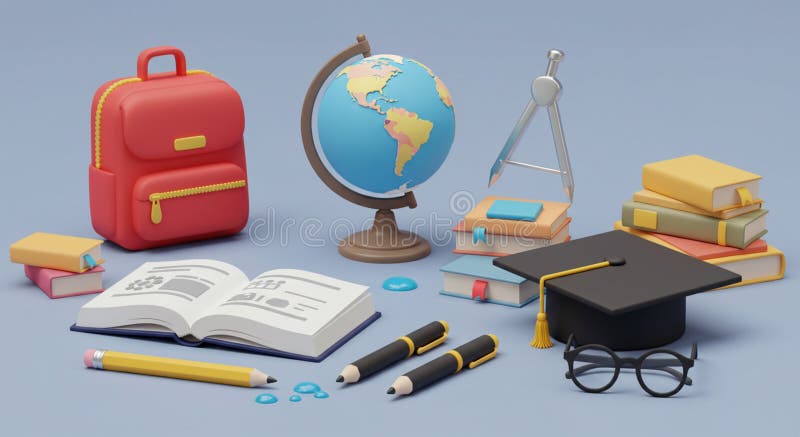 School Supplies and Graduation Cap Illustration for Educational Content ...