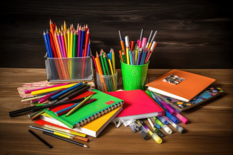 School Supplies, Including Different Types of Notebooks and Pens on a ...