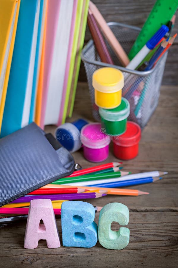 School Supplies Labeled ABC Stock Image - Image of study, back: 44000261