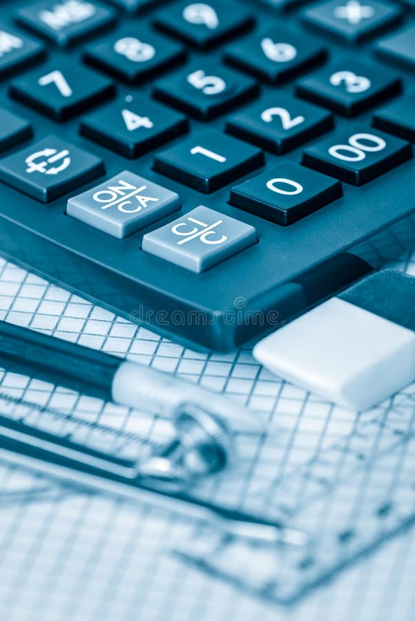 School Supplies Used in Math Toned in Blue Stock Photo - Image of ...
