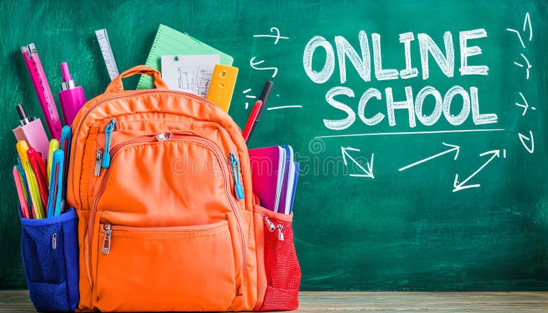 School Supplies and Online School Text on Green Chalkboard Stock Photo ...