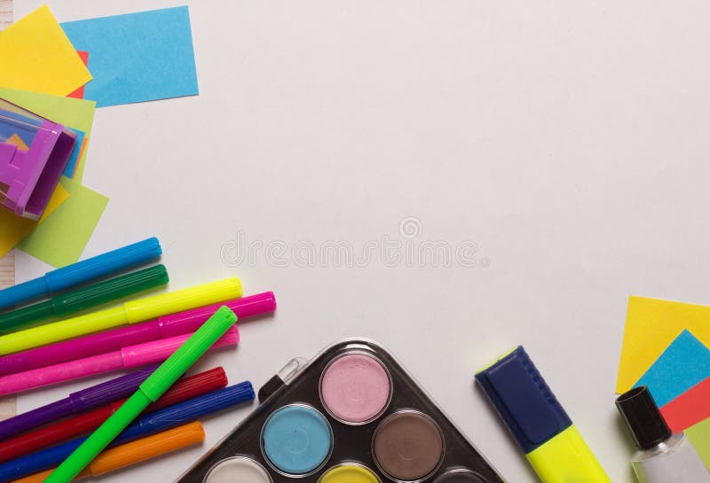 School supplies on paper stock image. Image of homework - 76462737