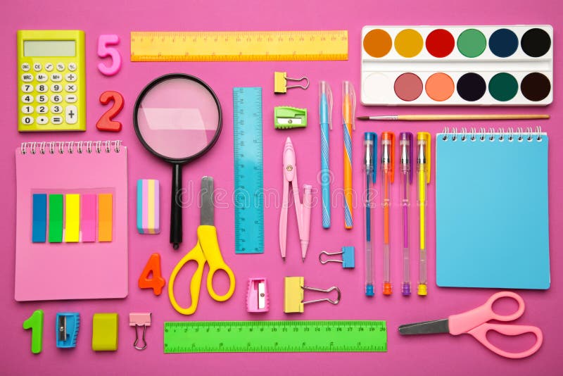 Pink School Accessories on Pink Background. Back To School Concept ...