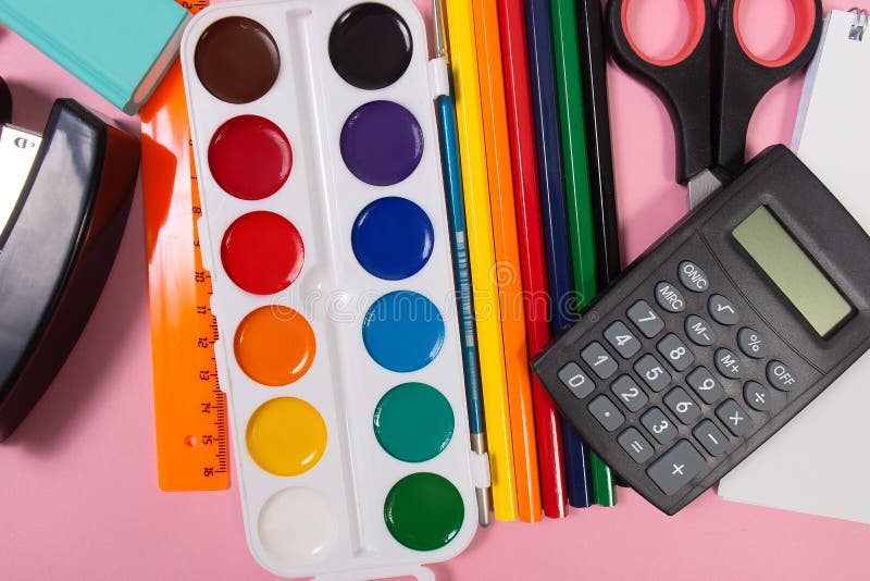 School Supplies on a Pink Board. Back To School Stock Photo - Image of ...