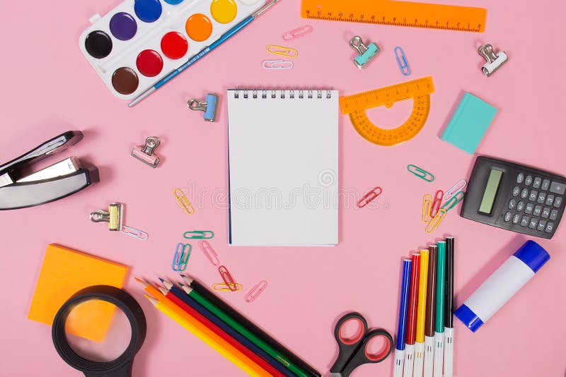 School Supplies on a Pink Board. Back To School Stock Photo - Image of ...