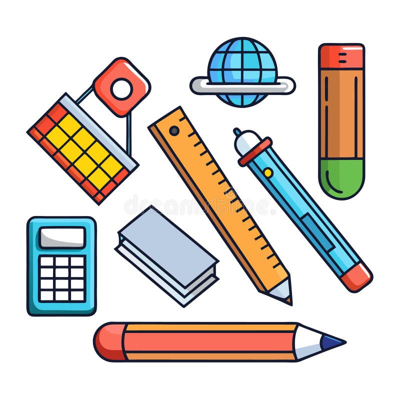 School Supplies Ruler, Calculator, Globe, Pencil, Eraser, Stapler ...
