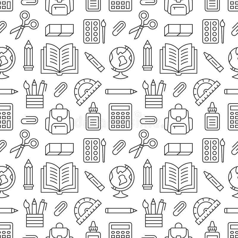School Supplies Seamless Pattern with Line Icons. Study Tools ...