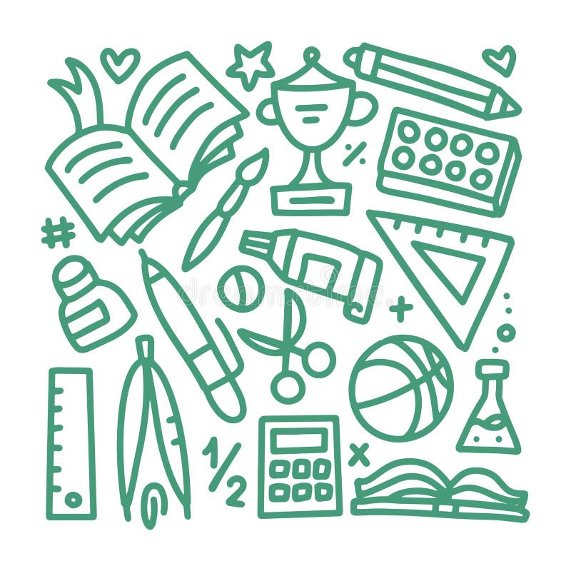 School Supplies Set. Vector Doodle Illustration of Education Theme ...
