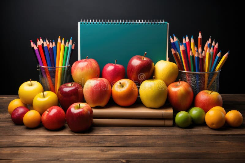 School Supplies for Students. Chalkboard, Pencils, Crayons and Apples ...