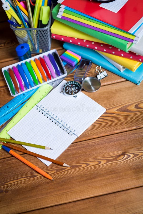 School supplies on table stock image. Image of letters - 94254855