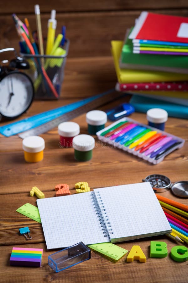 School supplies on table stock photo. Image of concept - 94255050