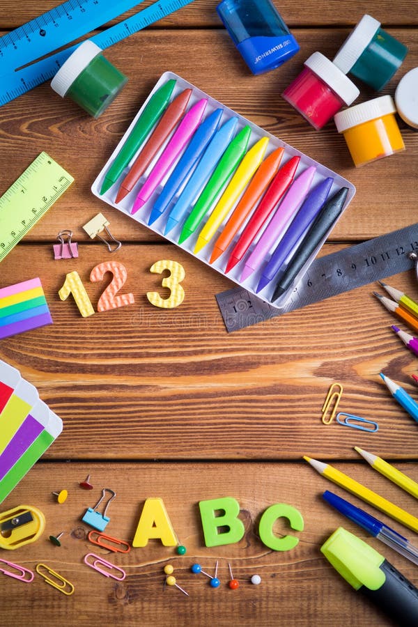 School supplies on table stock photo. Image of library - 94255272
