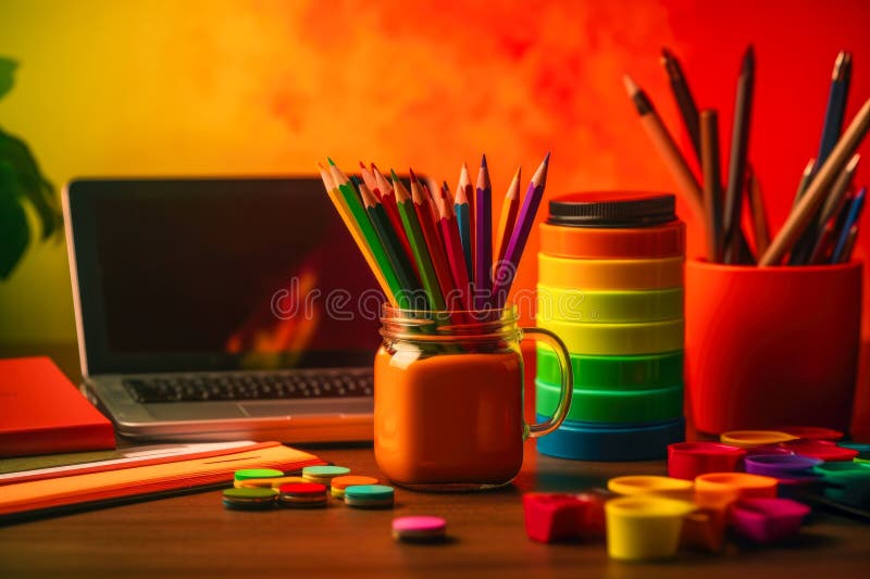 School Supplies on the Table. Colorful Card Stock Illustration ...