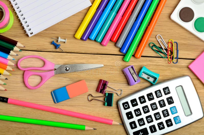 School supplies on table stock image. Image of colorful - 59736521